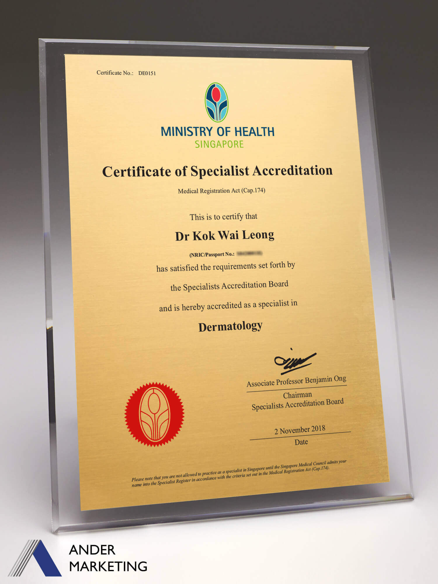 PA-CERT Acrylic Plaques | Ander Marketing Singapore